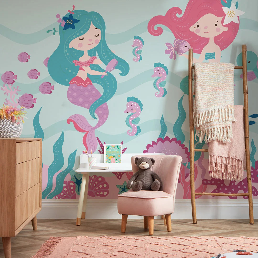 The Magical Mermaids Mural in Pink and Teal – I Love Wallpaper