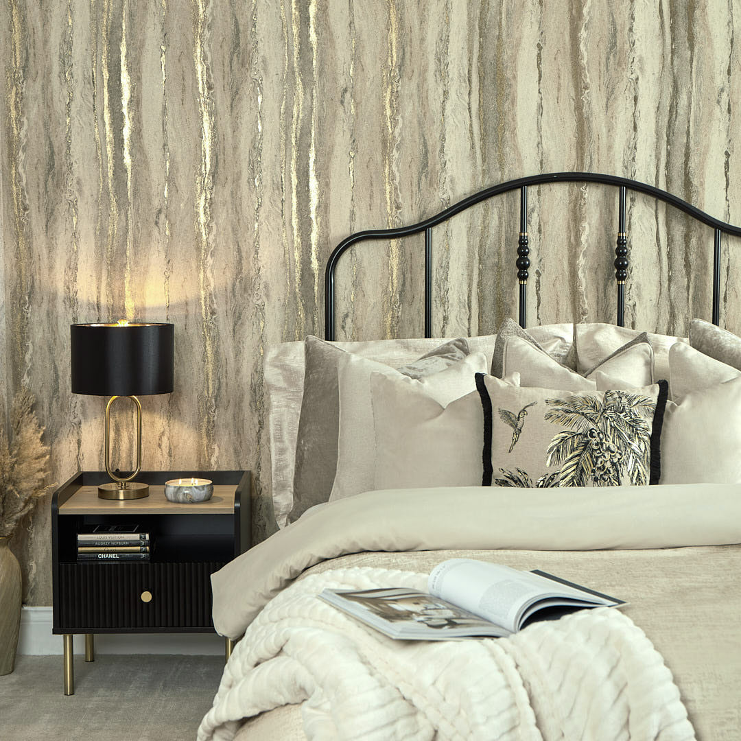 Zeus Metallic Wallpaper in Warm Grey and Sand and Metallic Gold – I ...