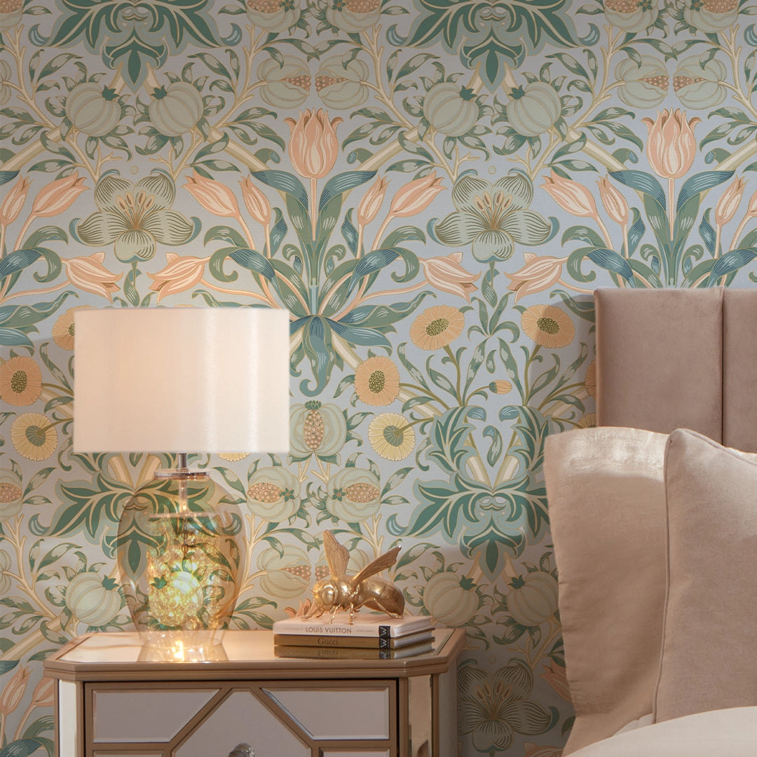 Pomegranate Grove Wallpaper in Blue – I Love Wallpaper