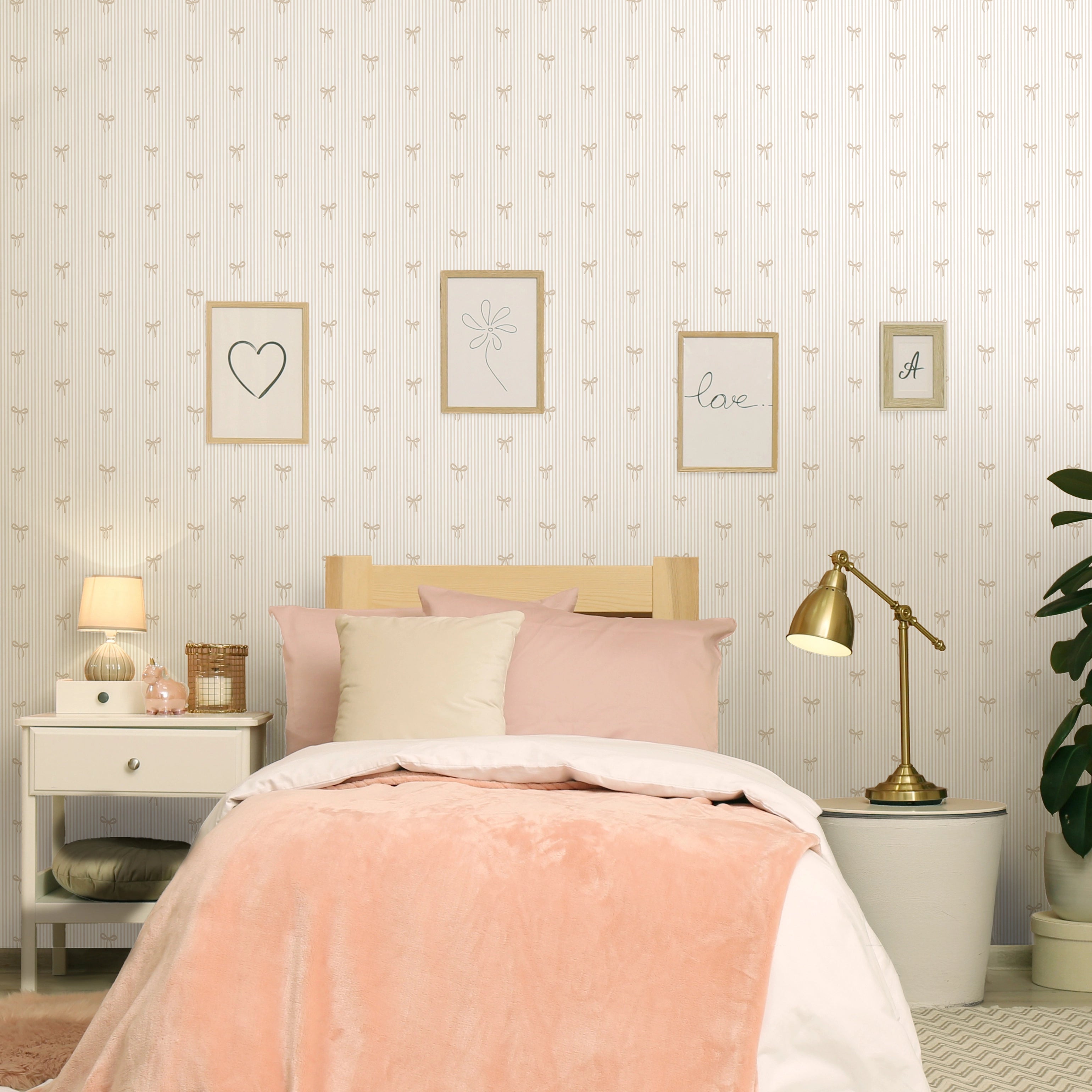Delicate Bows on Pinstripe Wallpaper in Natural – I Love Wallpaper