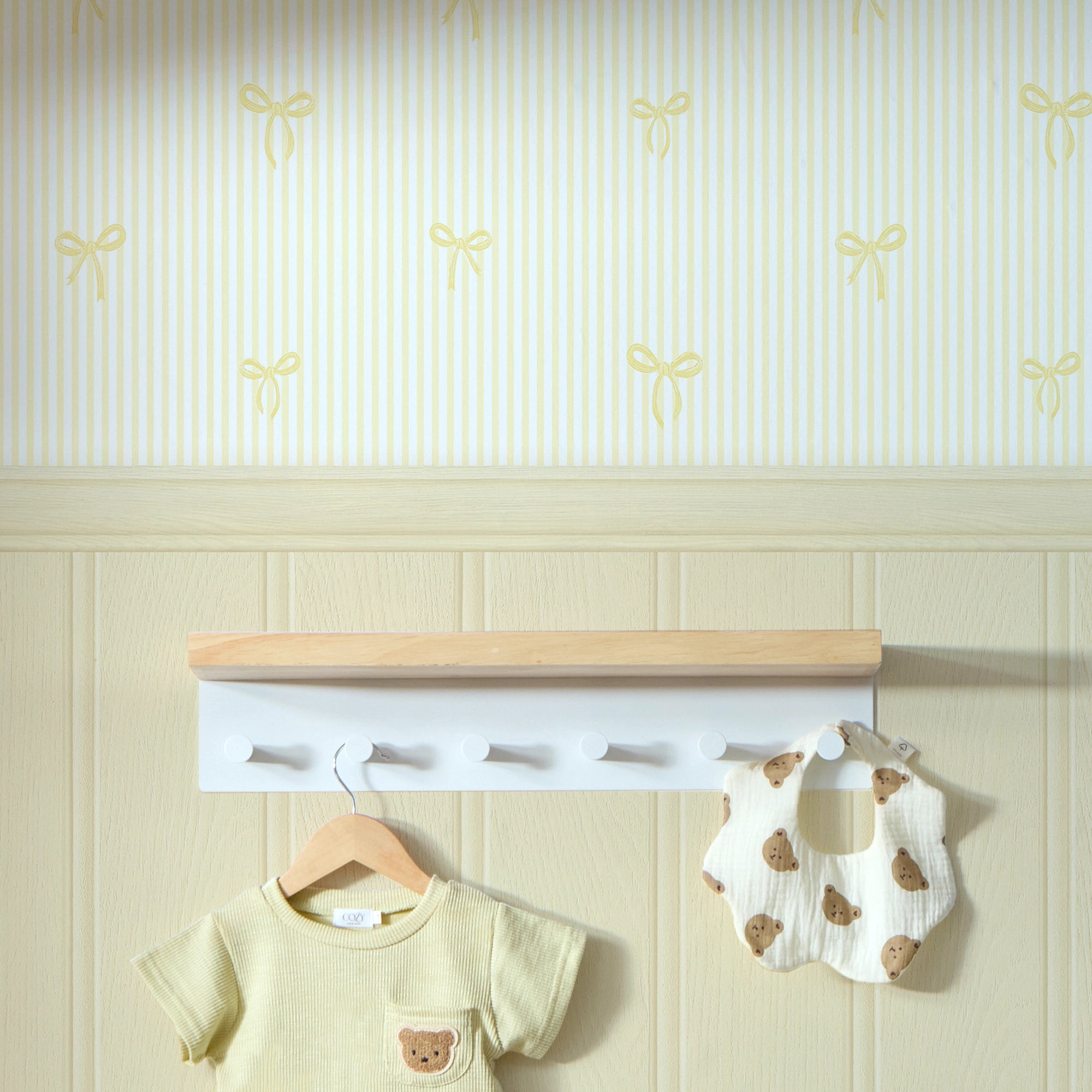 Delicate Bows on Pinstripe Panel Wallpaper in Lemon with Lemon Yellow ...