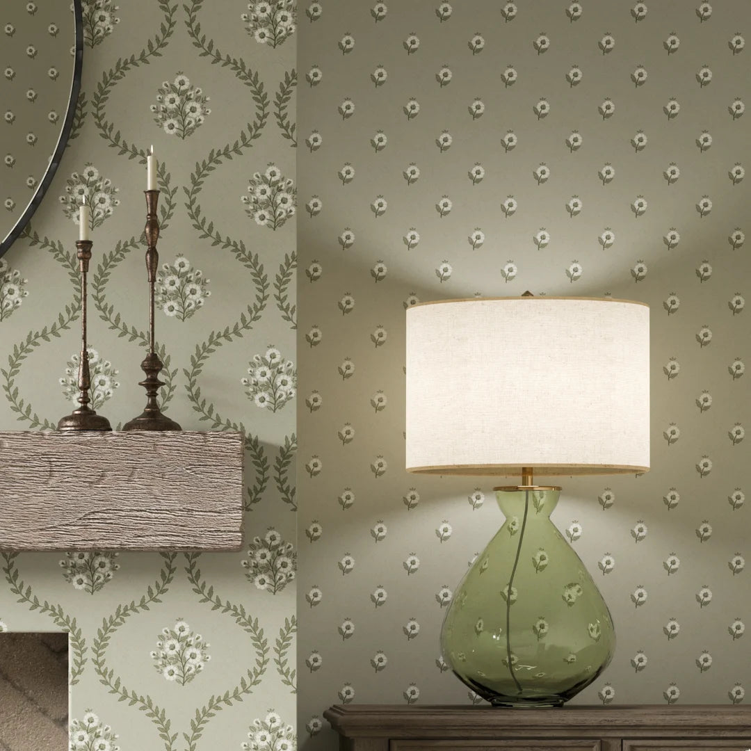Ditsy Posy Wallpaper in Cream on Organic Green – I Love Wallpaper