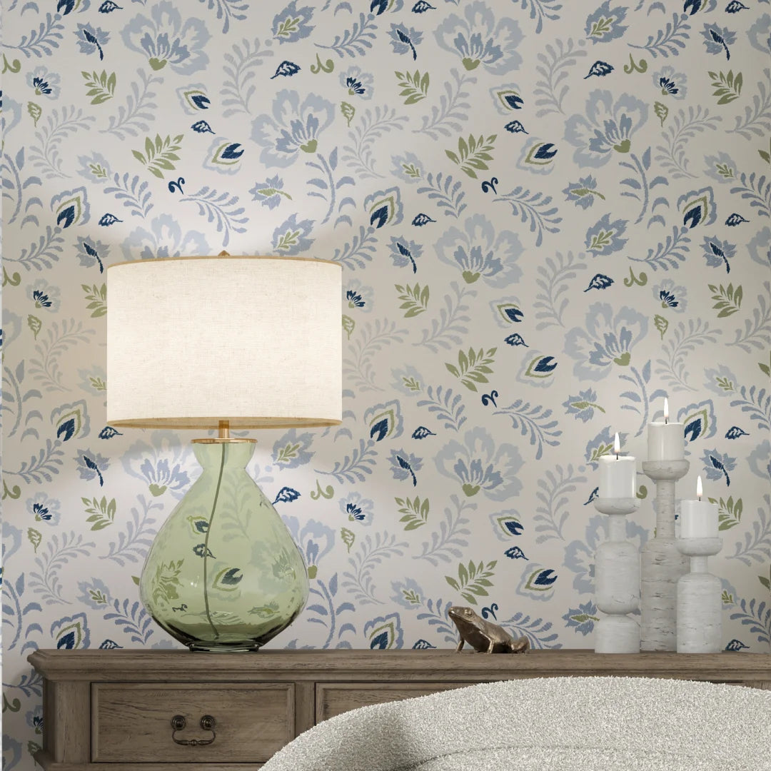 Folk Foliage Wallpaper in Blue and Sage on Cream – I Love Wallpaper