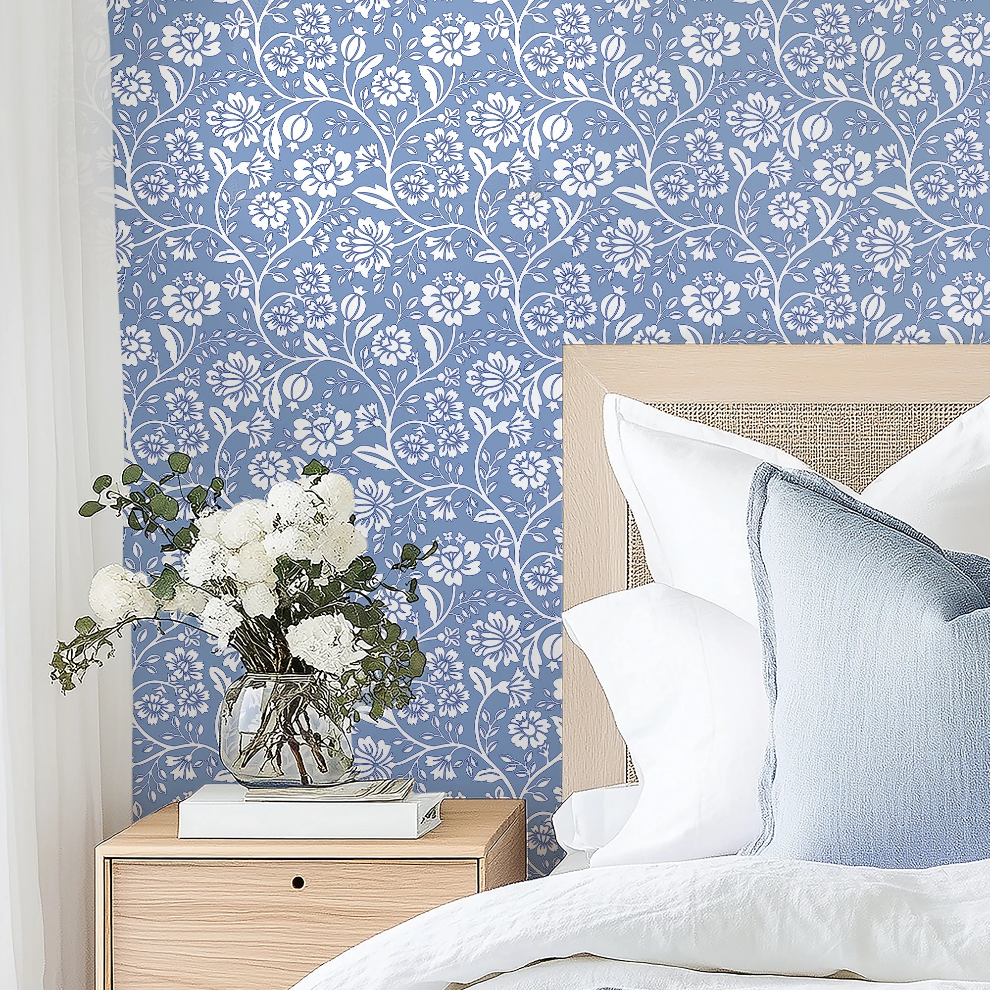Folksy Floral Wallpaper in Cornflower Blue – I Love Wallpaper