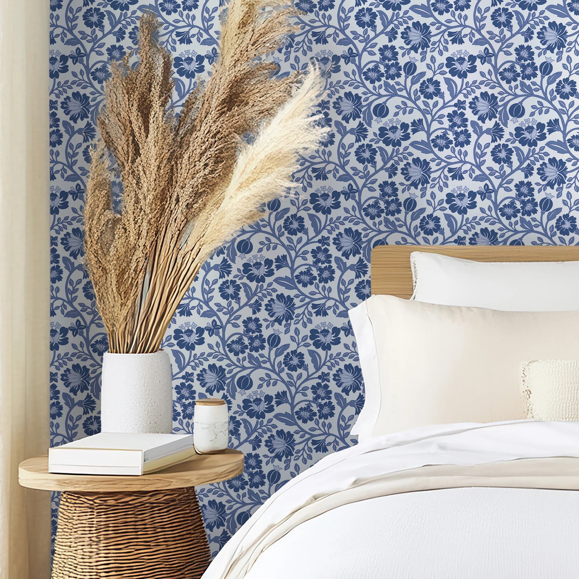 Folksy Floral Wallpaper in Blue on White – I Love Wallpaper
