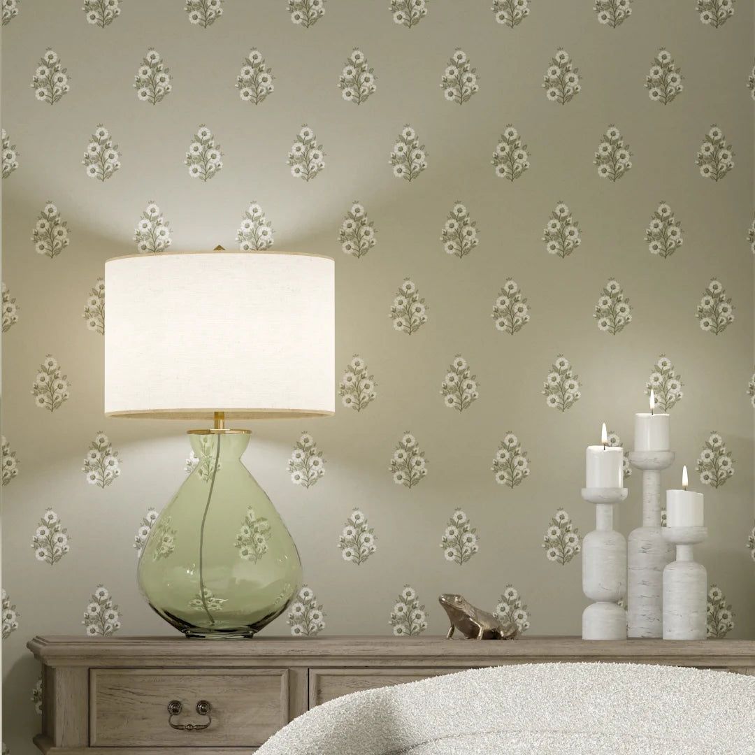 Posy Wallpaper in Cream on Organic Green – I Love Wallpaper