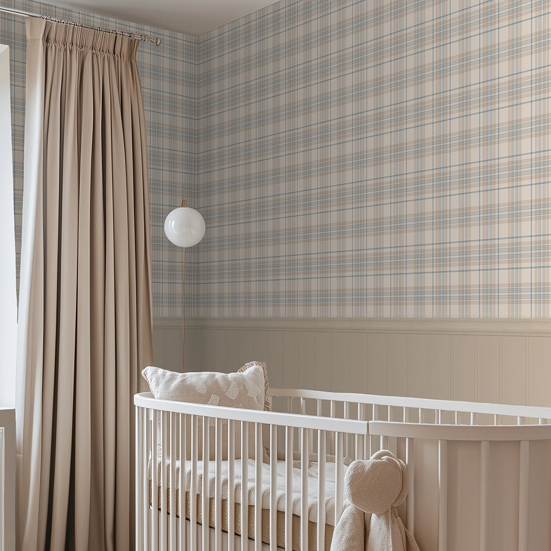 Sample of Traditional Check Panel Wallpaper in Cream and Blue with Cre ...