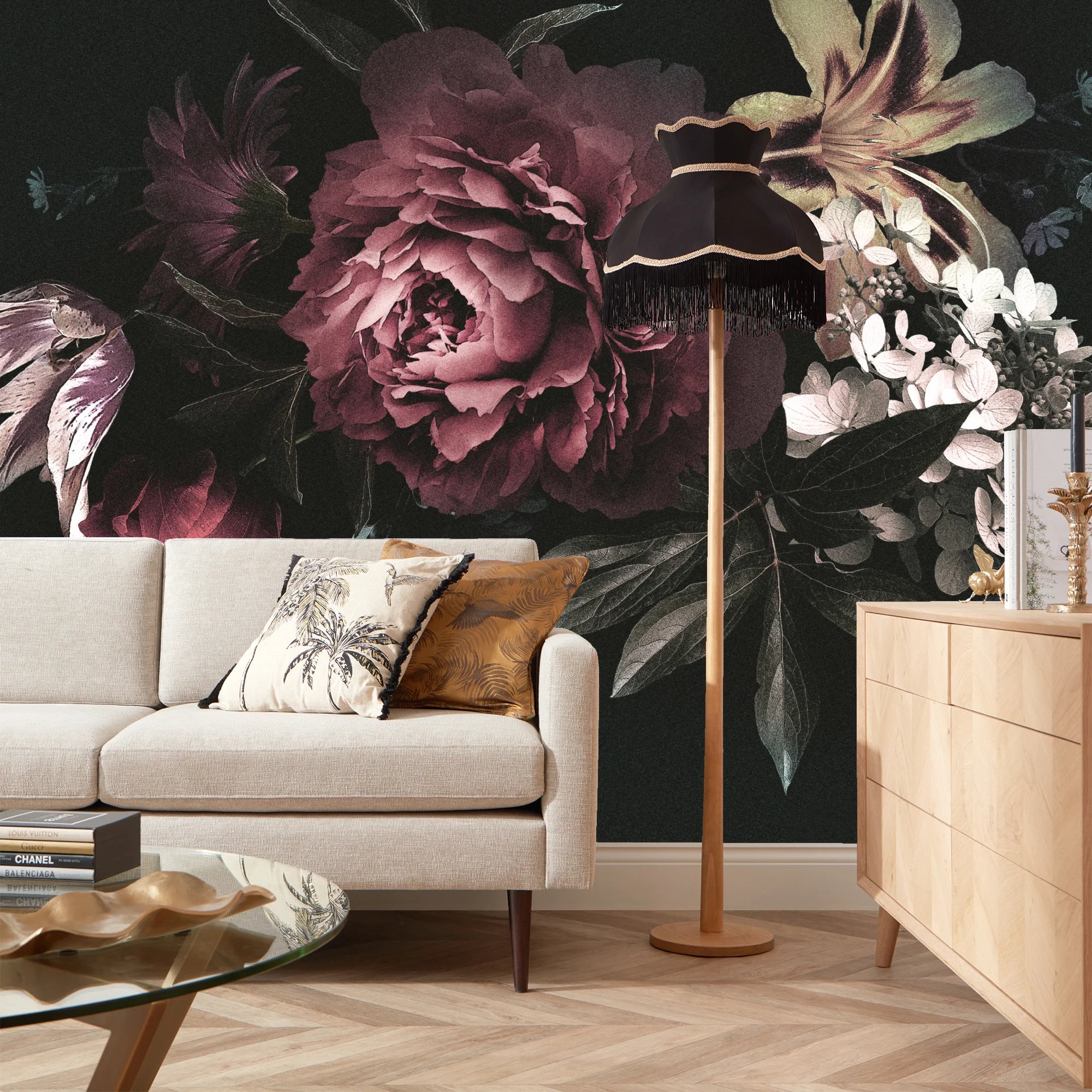 Sample of Dark Floral Bouquet Mural in Pink and Red – I Love Wallpaper
